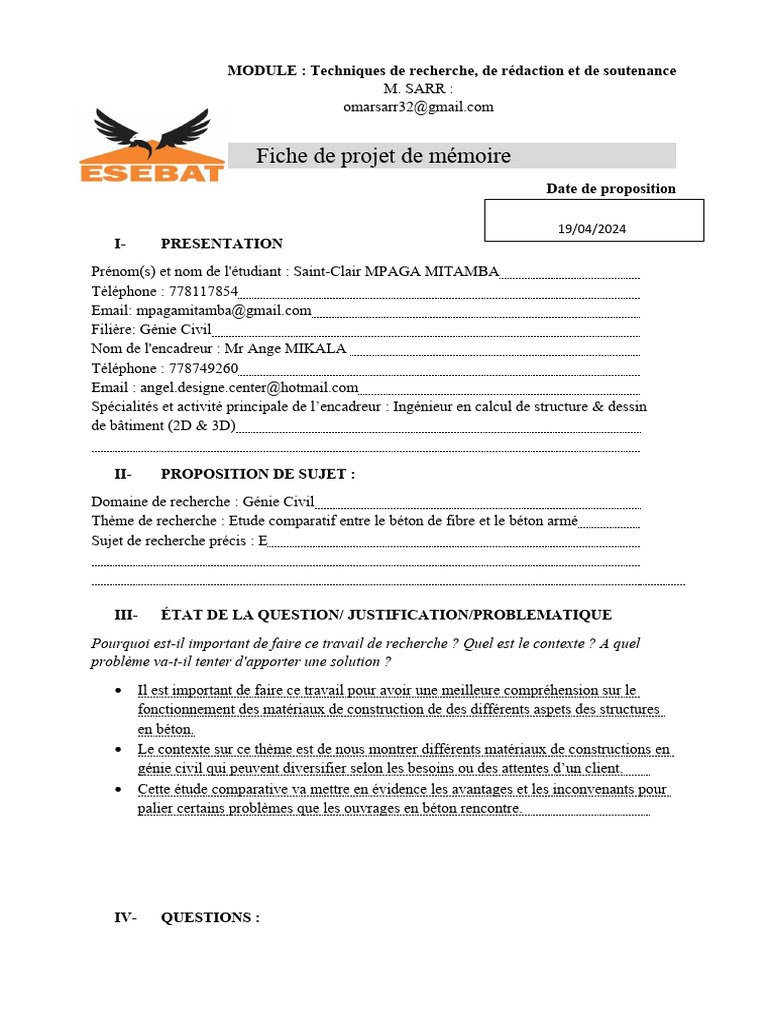 Fiche de Projet de Memoire | PDF | Béton