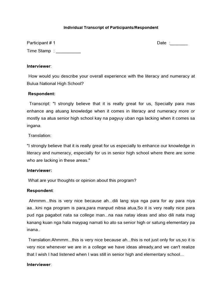 Individual Transcript of Participants | PDF | Literacy | Human Communication