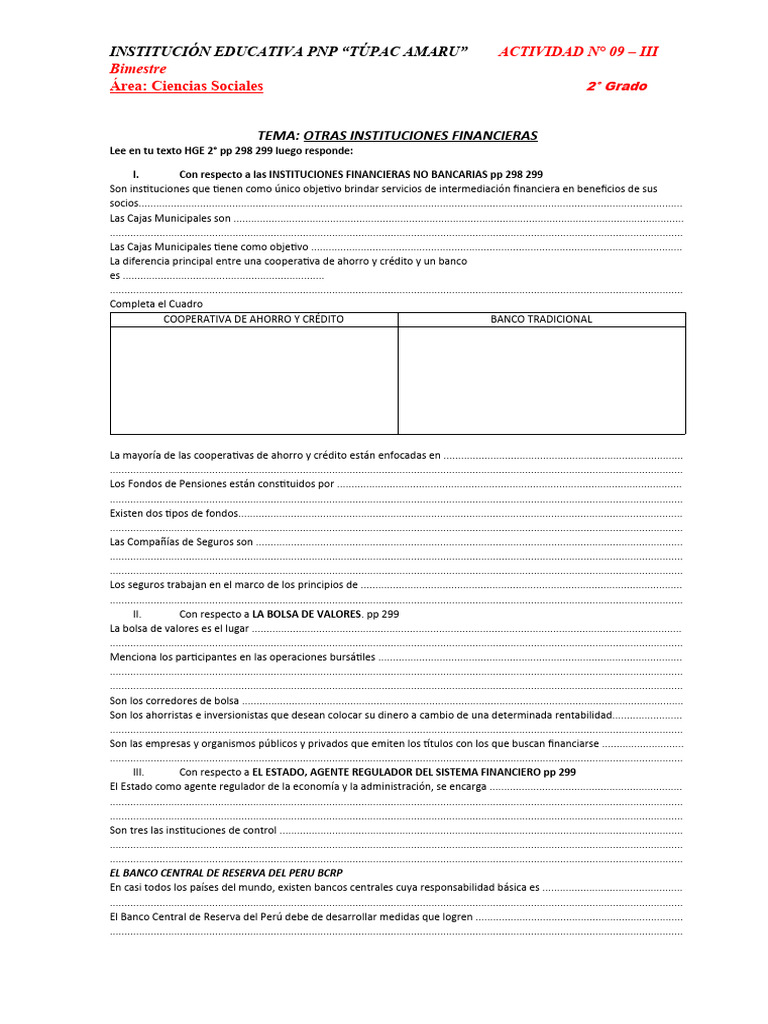 2° Grado CCSS. Actividad N°09 III BIM | PDF | Bancos | Bolsa