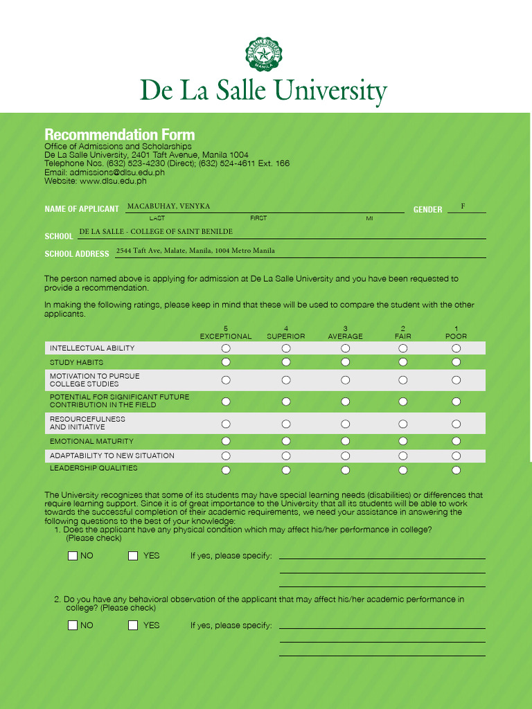 DLSU Recommendation Form For Venyka Macabuhay Admission-Recommendation-T2t3-2223 | PDF ...