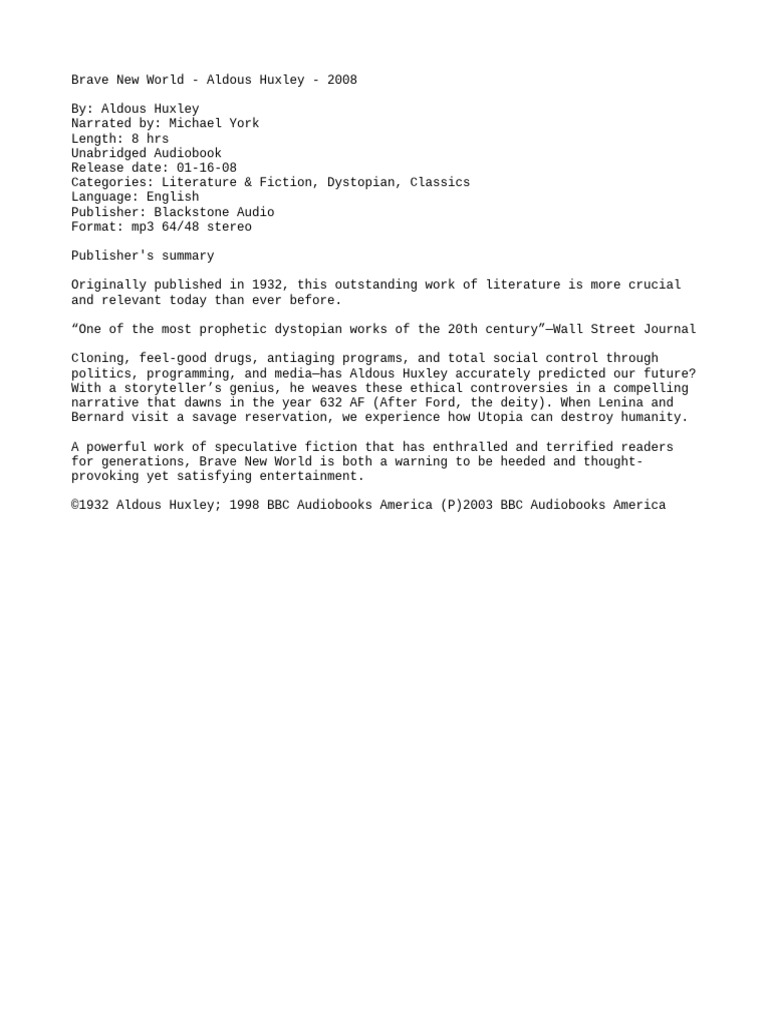 Brave New World Aldous Huxley 2008 Pdf