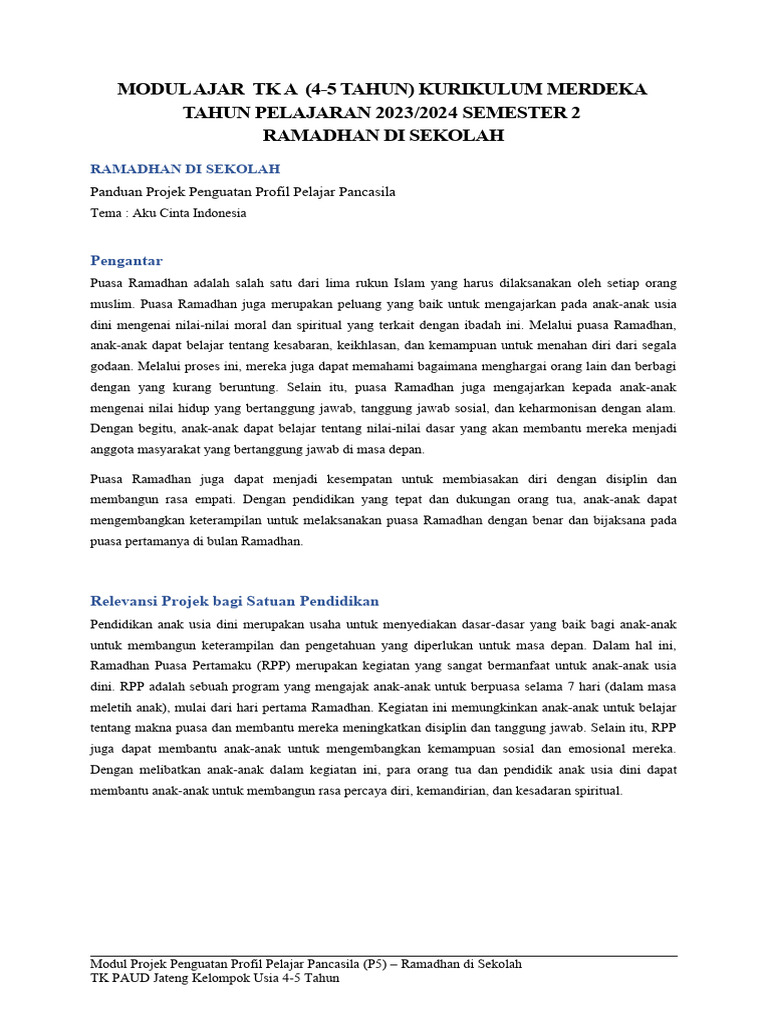 Modul Ajar P5 TK A 4 5 Tahun Smt2 Ramadhan Di Sekolah 6 HARI | PDF