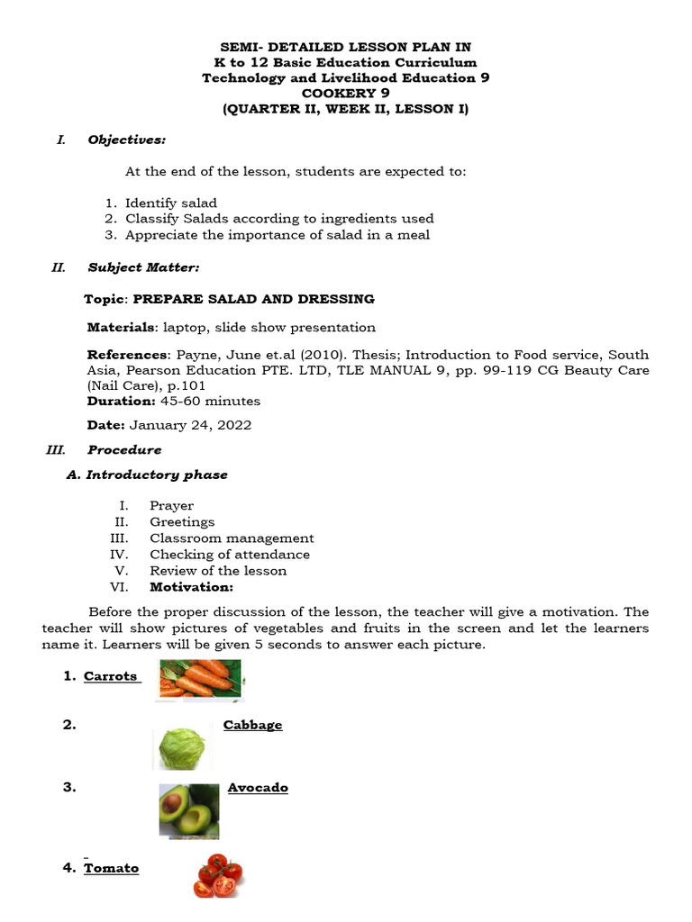 Grade 9 Cookery: Salad Preparation Plan | PDF | Salad | Vegetables