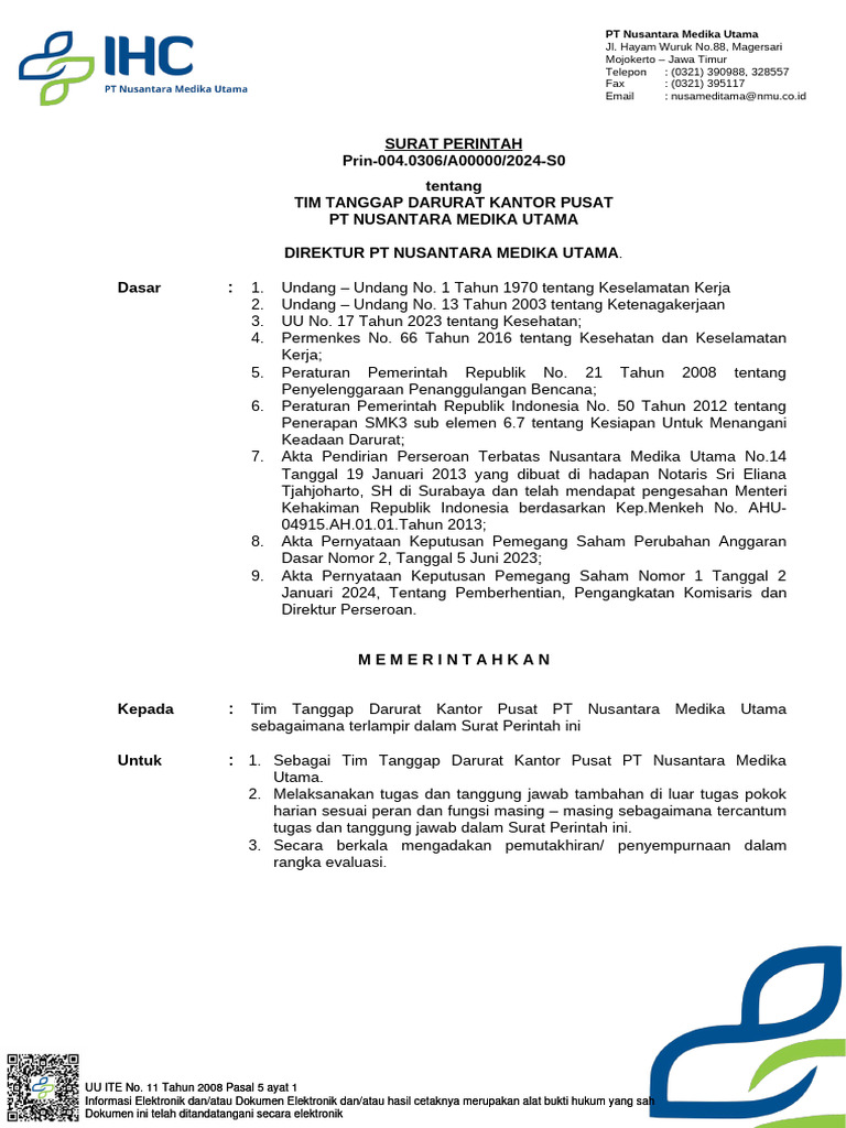 Surat Perintah Tim Tanggap Darurat Kantor Pusat | PDF