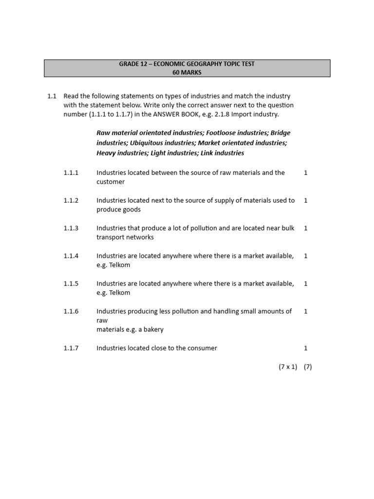 GRADE 12 Topic Test Economic Geography | PDF | Food Security | Mining
