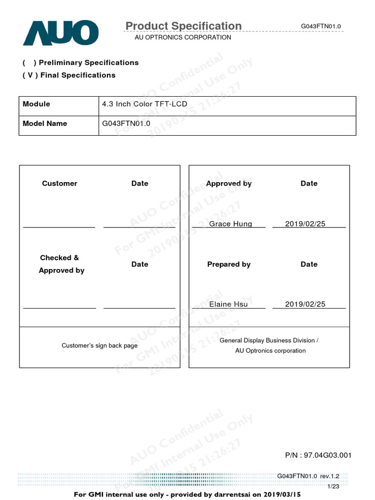 G043FTN01.0 GMI 20190315 GD PSpec | PDF | Liquid Crystal Display ...