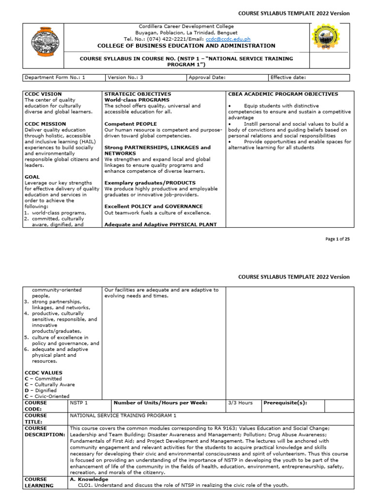 Course Syllabus NSTP 1 2022 Version | PDF | Leadership | First Aid