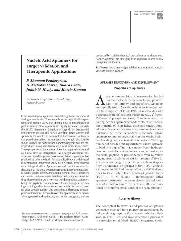 Nucleic Acid Aptamers For Target Validation and Therapeutic ...