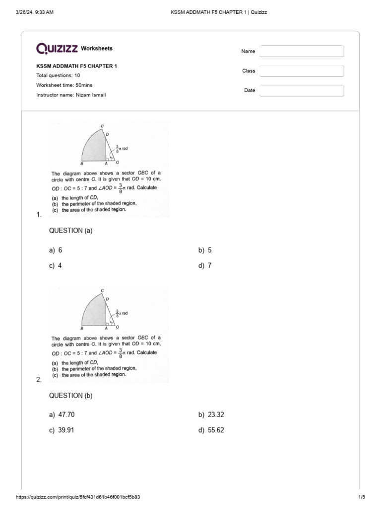 KSSM ADDMATH F5 CHAPTER 1 - Quizizz | PDF