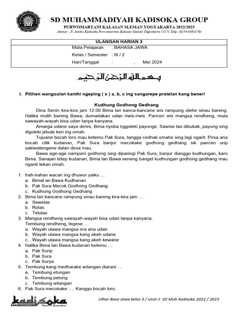 UH 3 Kelas 3 B Jawa Semester 2 | PDF