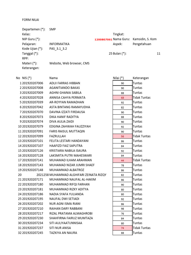 Form Nilai Pas 9a 20212022 | PDF