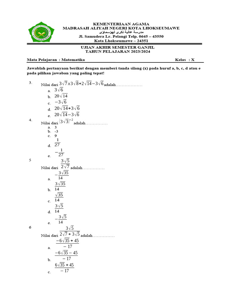 Soal Uas MTK Kls X - LM | PDF