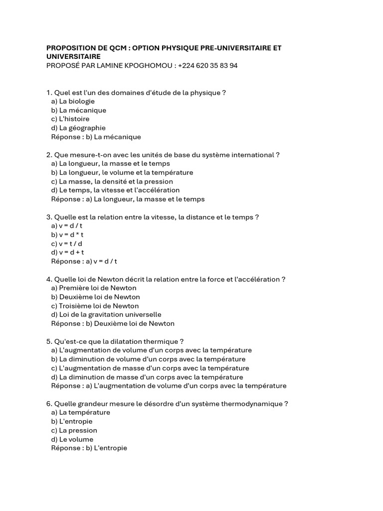 QCM de Physique Pré-Univ et Univ | PDF | Transfert thermique | Électricité