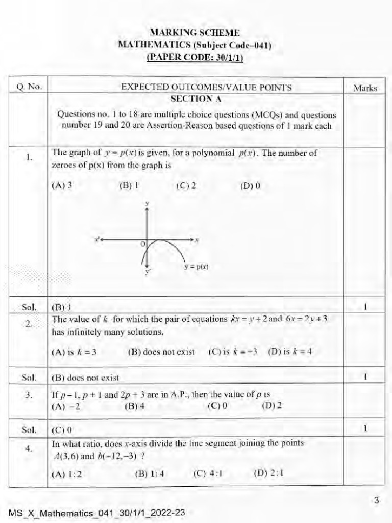 CBSE 10th Annual Exam 2023 Maths Standard Answer Key Code 30-1-1 | PDF