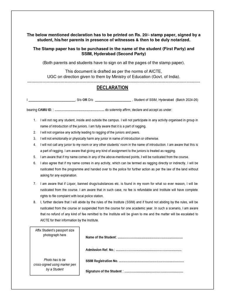 Anti Ragging - Declaration Form | PDF | Justice | Crime & Violence