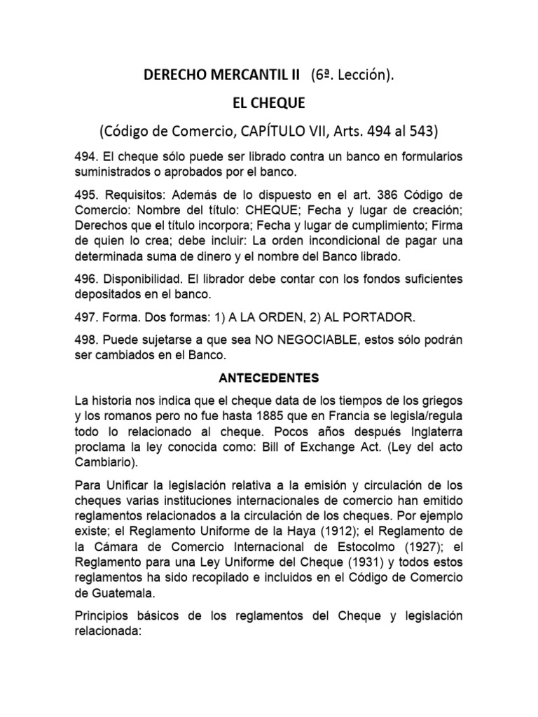 DERECHO MERCANTIL II 6a Lección | PDF | Cheque | Bancos