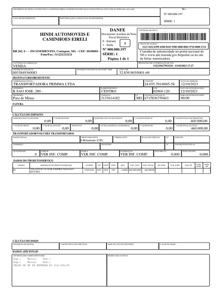 Danfe Hindi Automoveis E Caminhoes Eireli: 1 #000.000.197 Série: 1 | PDF | Recibo | Gestão da ...