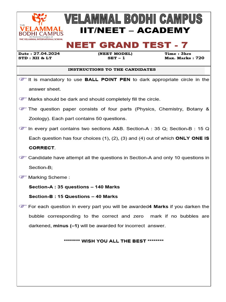 LT - & Xii - Neet - GT - 7 (Set - 1) QP - 27.04.2024 | PDF | Physical Sciences | Chemistry
