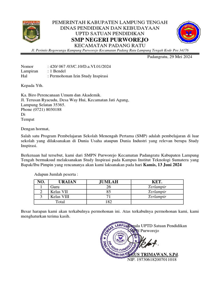 Surat Izin Study Inspirasi ITERA | PDF