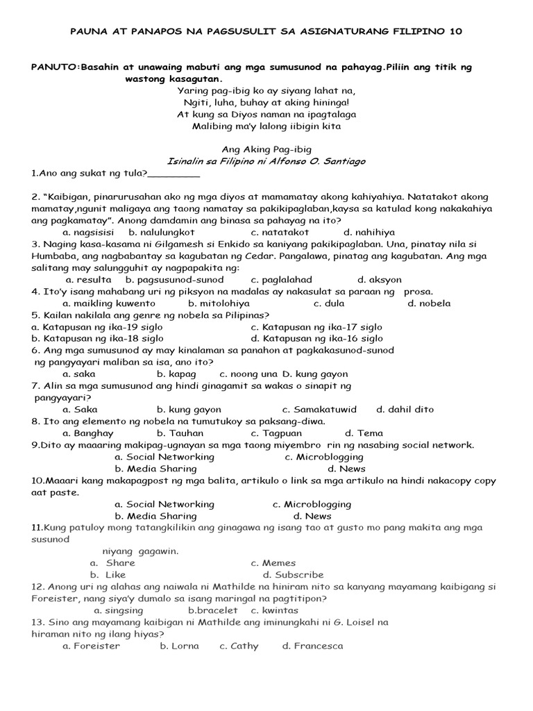 Pauna at Panapos Na Pagsusulit Sa Asignaturang Filipino 10 | PDF