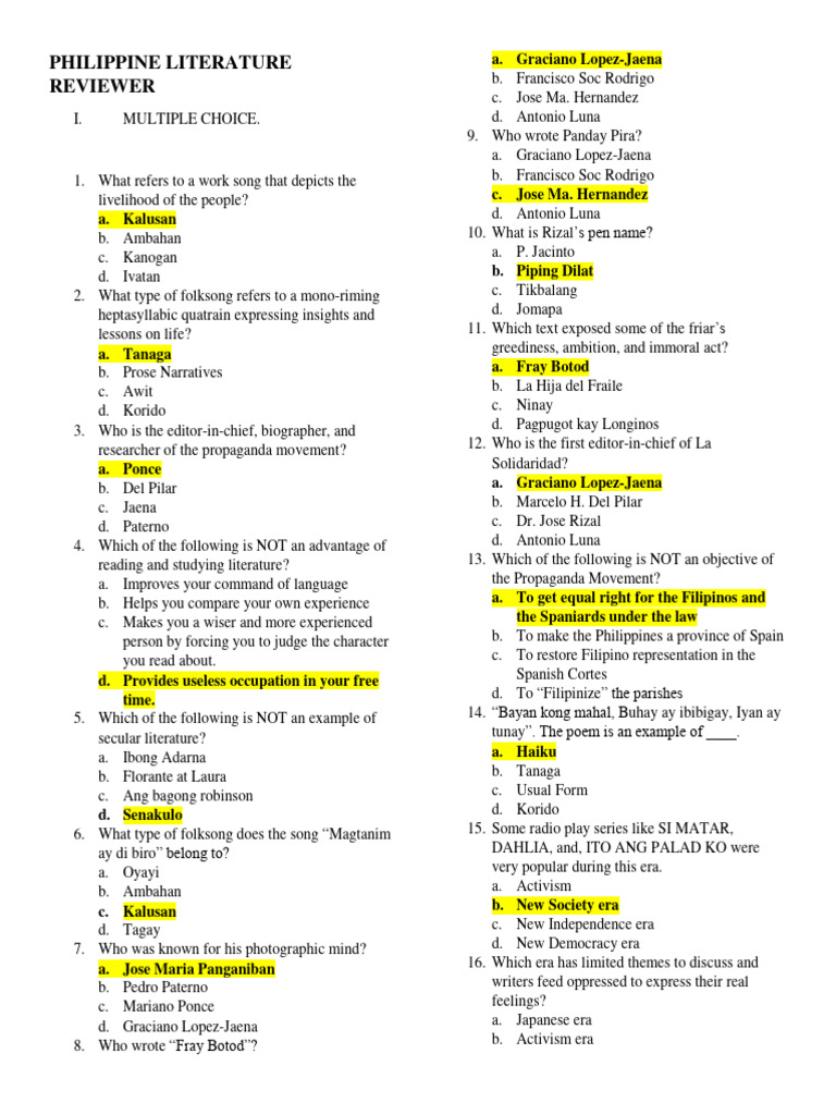 Philippine Literature Reviewer Quiz | PDF | Philippines