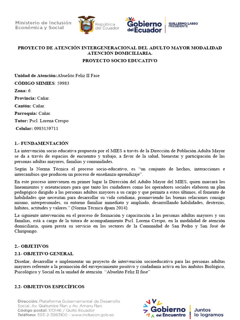 Proyecto de Atención Intergeneracional Del Adulto Mayor Modalidad Atención Domiciliaria Lore ...