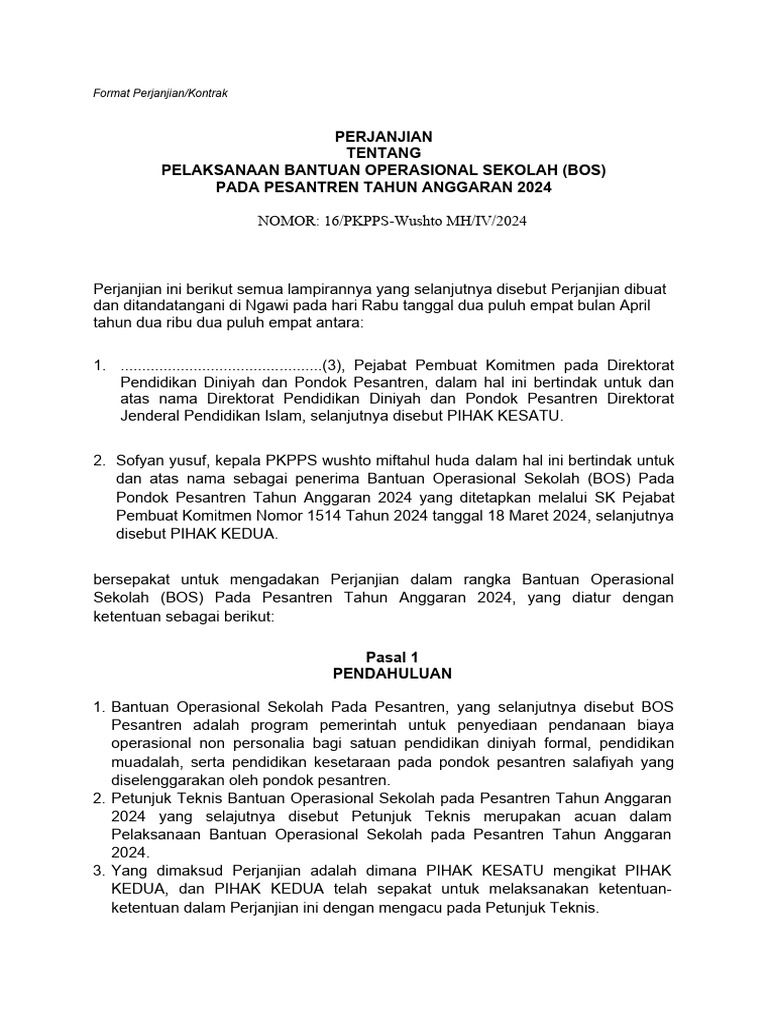 Perjanjian BOS Tahap 1 Wustha 2024 | PDF