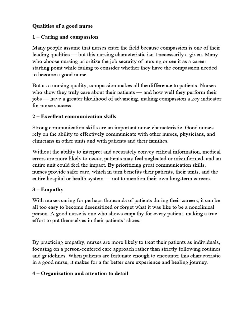 Qualities of A Good Nurse | PDF | Nursing | Patient