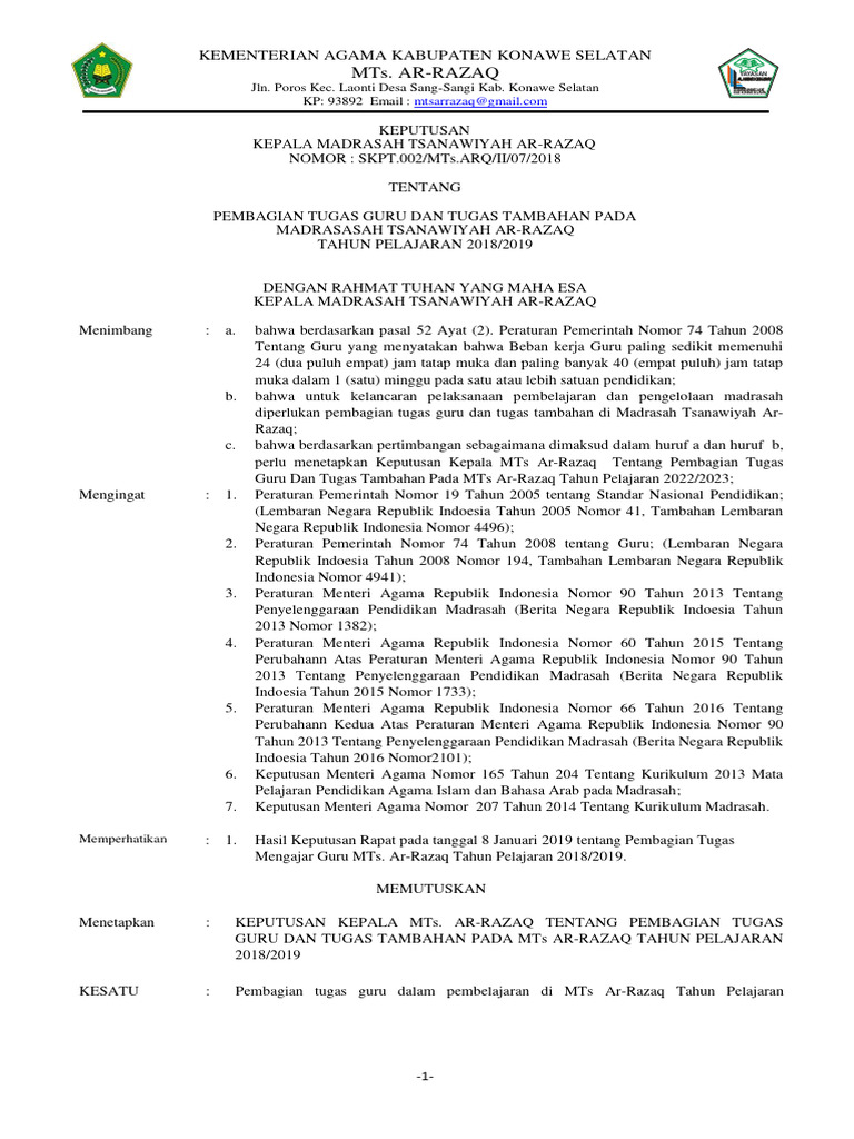 SK - Pembagian Tugas SMT 1 Tahun 2019 | PDF