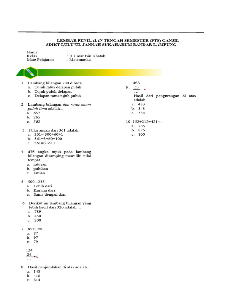 FORM SOAL PTS GANJIL Matematika SDIKT L2J 2022 | PDF
