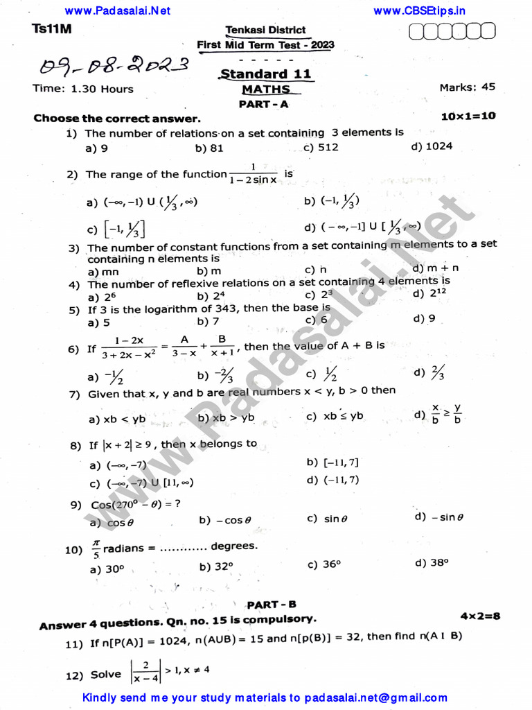 11th Maths EM 1st Mid Term Exam 2023 Original Question Paper Thenkasi ...