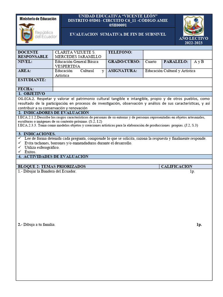 EVALUACION DE SUBNIVEL ECA 4to A B | PDF