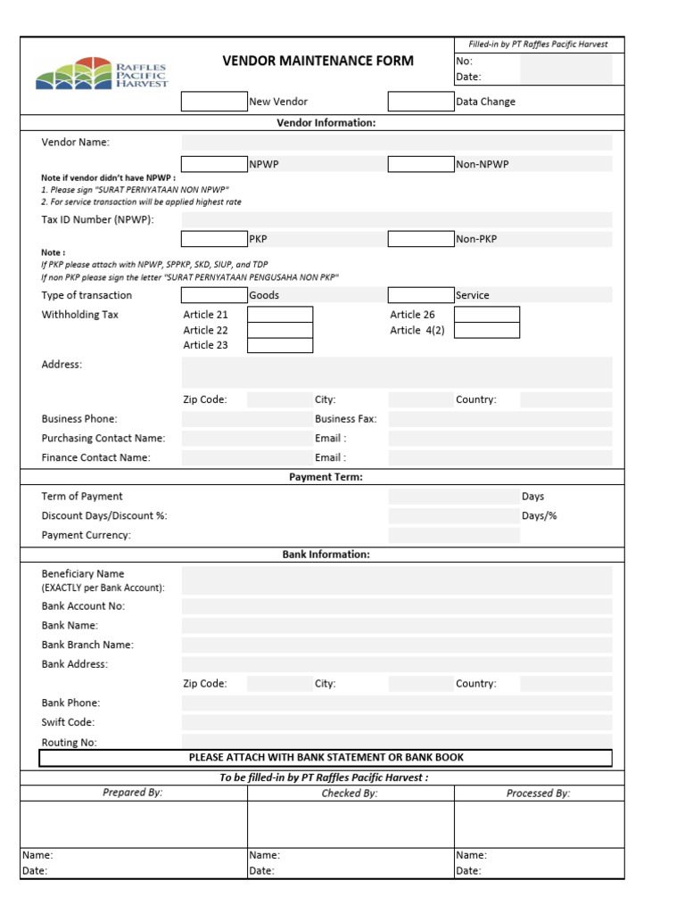 Vendor Maintenance Form - PT Raffles Pacific Harvest | PDF | Money ...