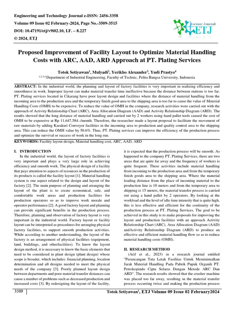 Proposed Improvement of Facility Layout To Optimize Material Handling Costs With ARC, AAD, ARD ...