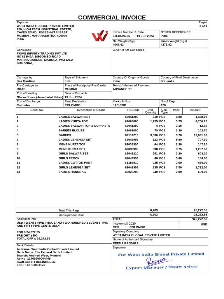 Eo 04 Comm Inv Jac Cob Commercial Invoice | PDF | Supply Chain Management | Freight Transport