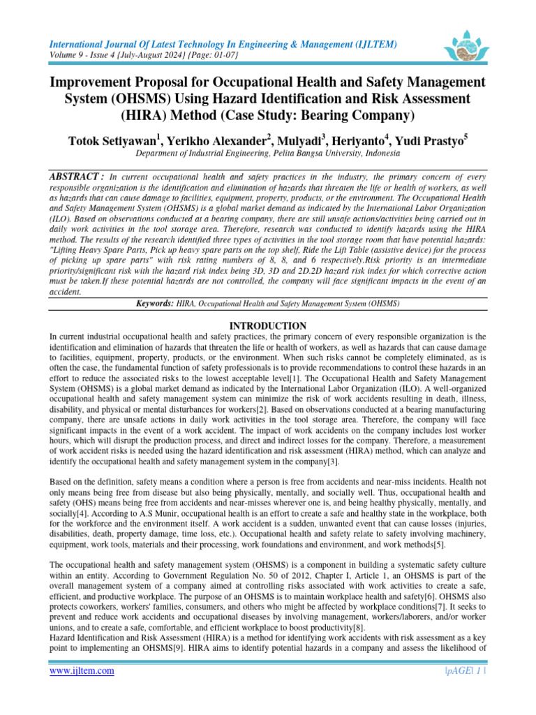 Improvement Proposal For Occupational Health and Safety Management System (OHSMS) Using Hazard ...
