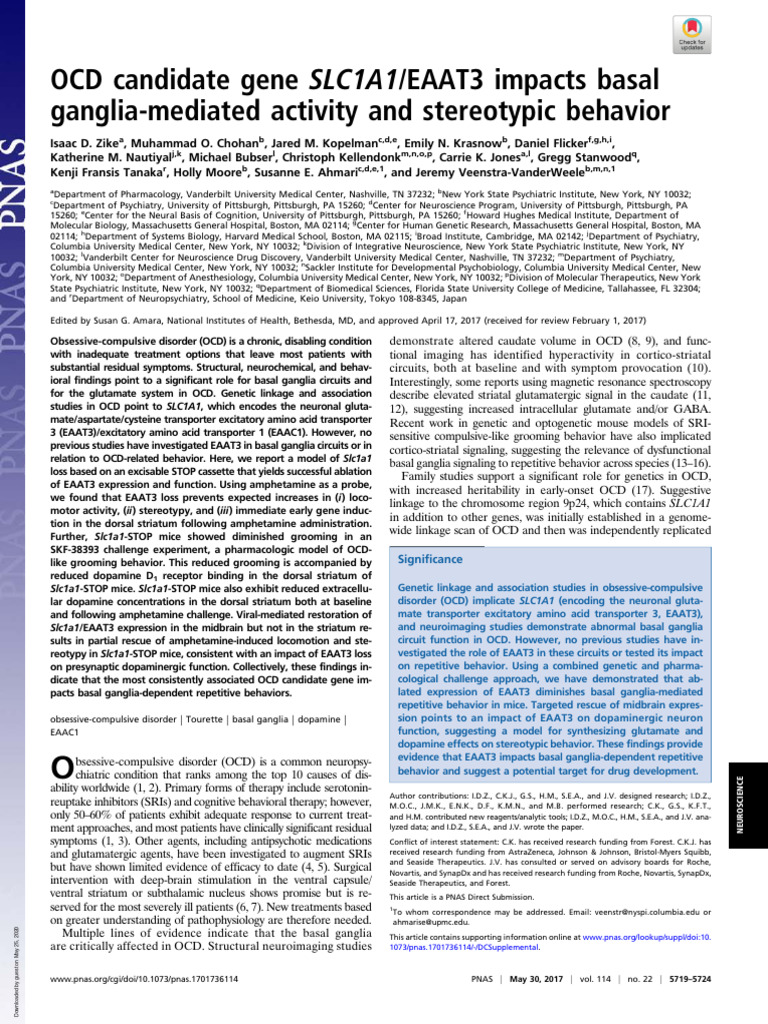 OCD Candidate Gene SLC1A1 EAAT3 Impacts | PDF | Dopamine | Striatum