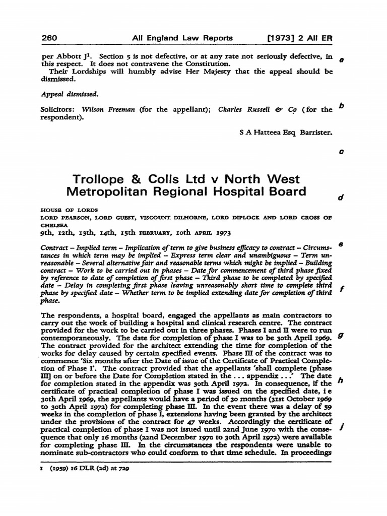 Trollope & Colls LTD V North West Metropolitan Regional Hospital Board ...