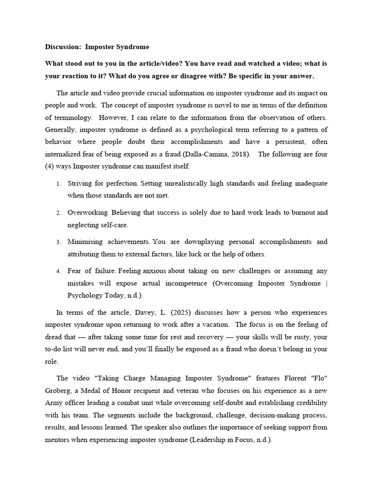 Discussion Imposter Syndrome | PDF | Occupational Burnout | Thought