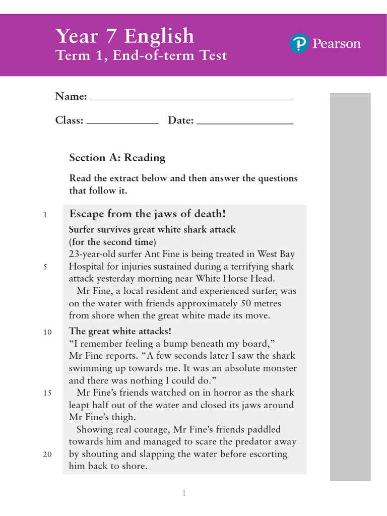 ILS English Y7 - T1 Endoftermtest - Set 4 | PDF | Sharks | Great White ...
