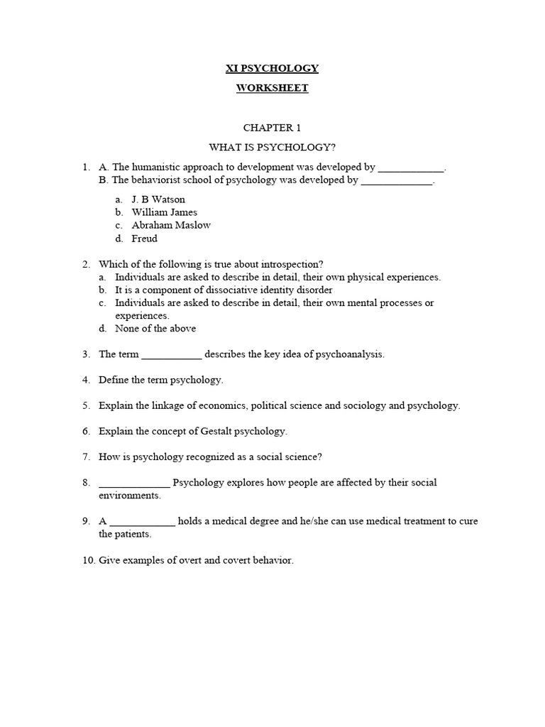 XI PSYCHOLOGY - Worksheet | PDF | Psychology | Perception