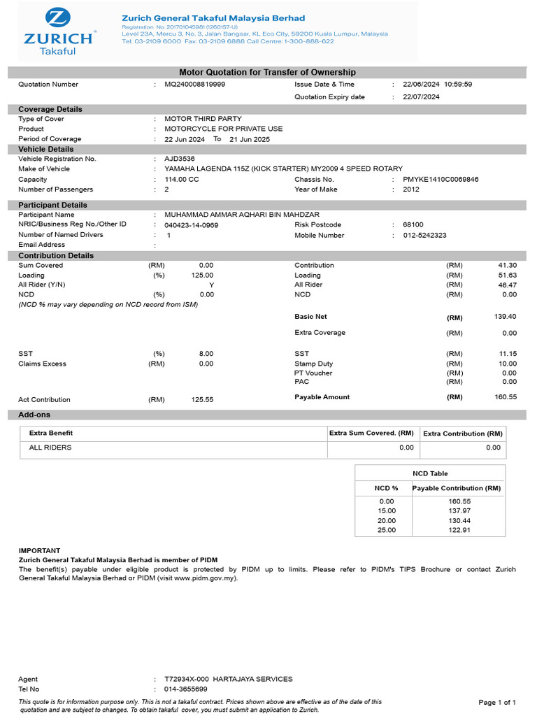 QuotationSlip MQ240008819999 | PDF | Land Transport | Motor Vehicle
