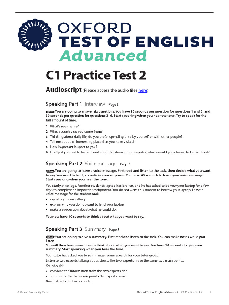 Ote c1 Practice Test 2 Audioscript | PDF | Stress (Biology) | Expert