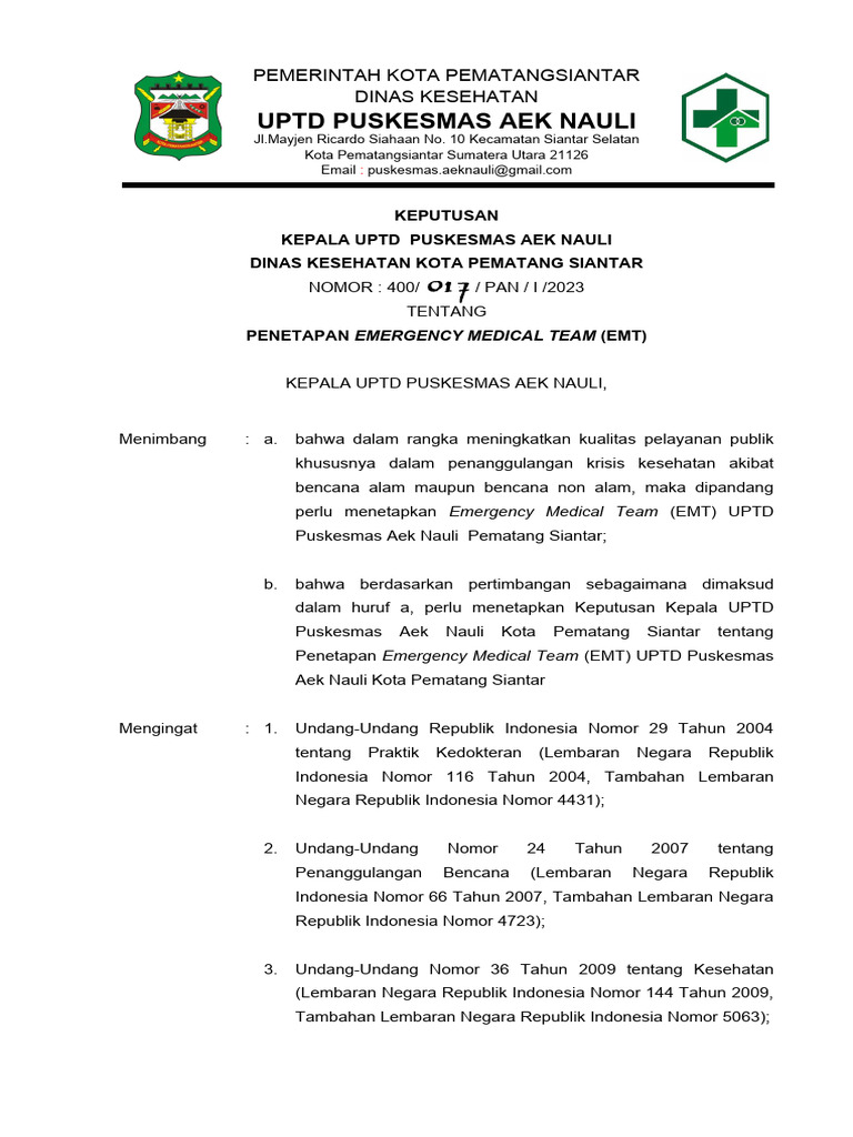 SK EMT UPTD PKM Aek Nauli 2023 Baru | PDF | Kesehatan Holistik | Sains & Matematika