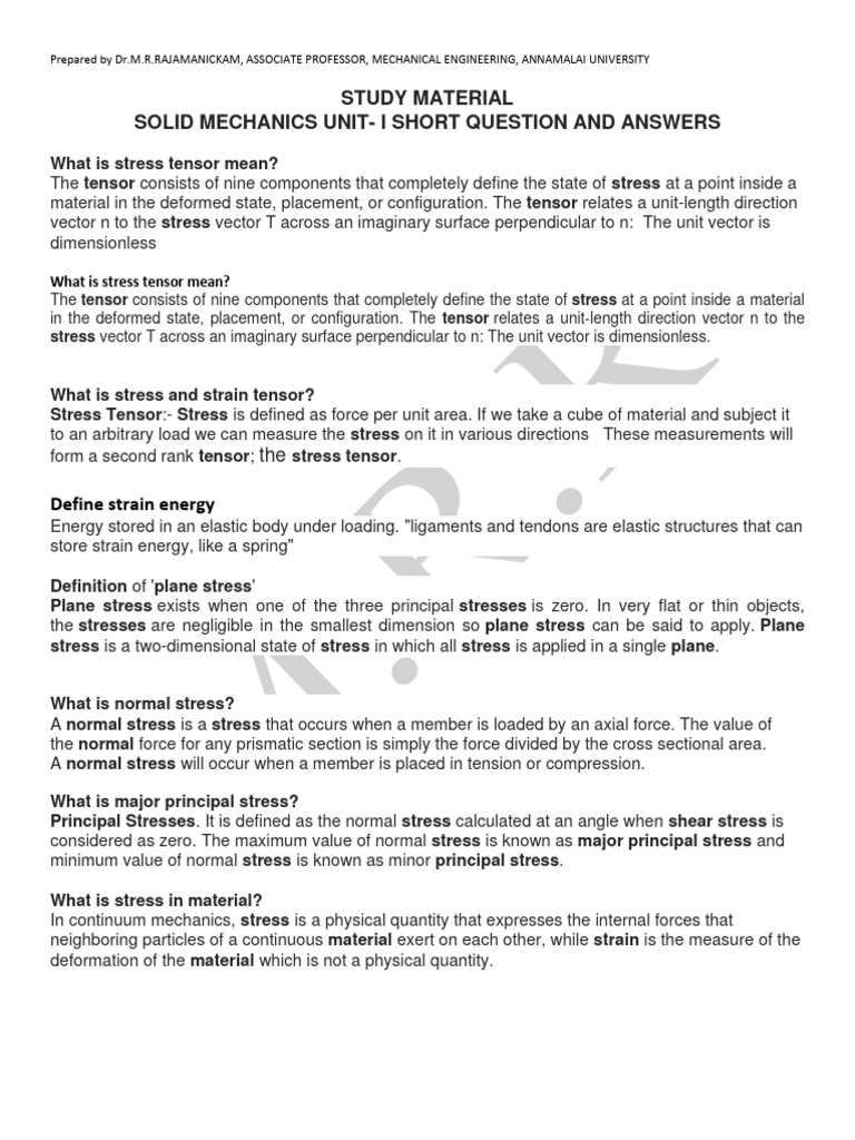 Solid Mechanics Study Material Unit I | PDF | Stress (Mechanics ...