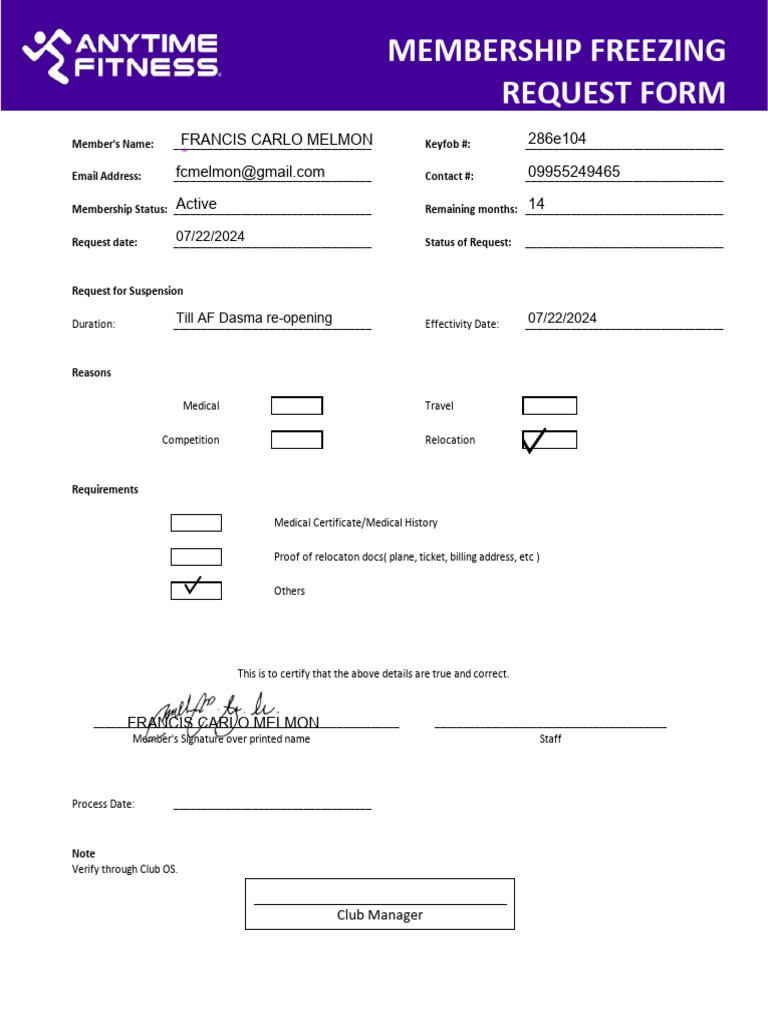 Membership Freezing Request Form | PDF