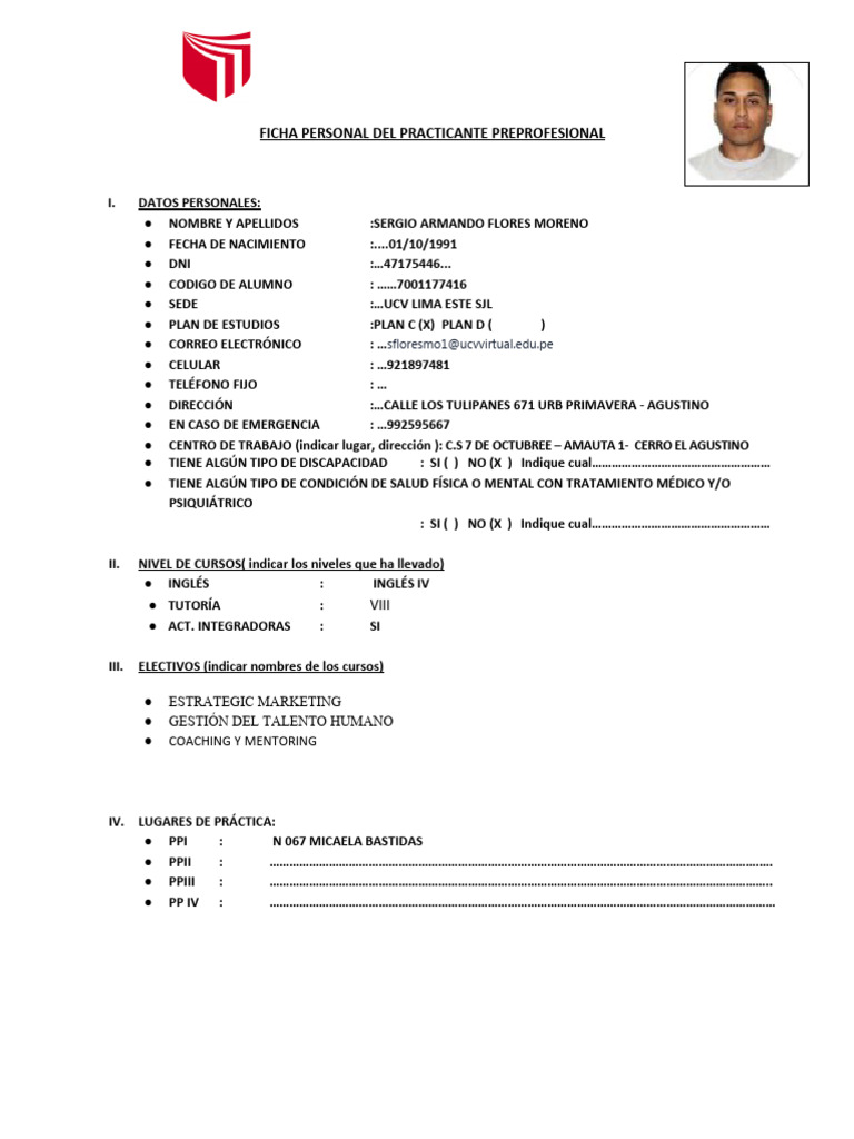 Ficha Personal del Practicante UCV | PDF | Crecimiento personal y ...