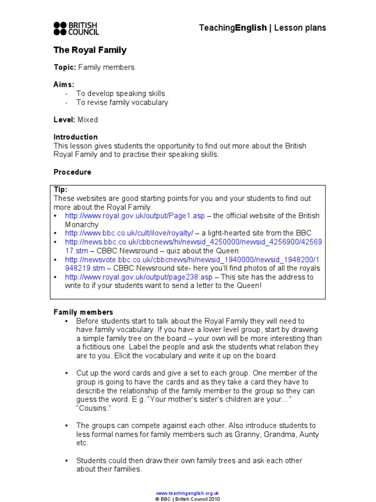 Royal Family Lesson Plan | PDF | Lesson Plan | Family