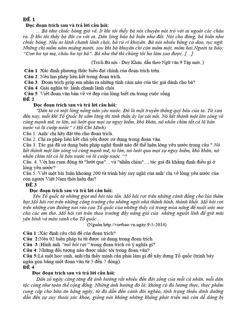 Bo de Doc Hieu Mon Van 10 | PDF