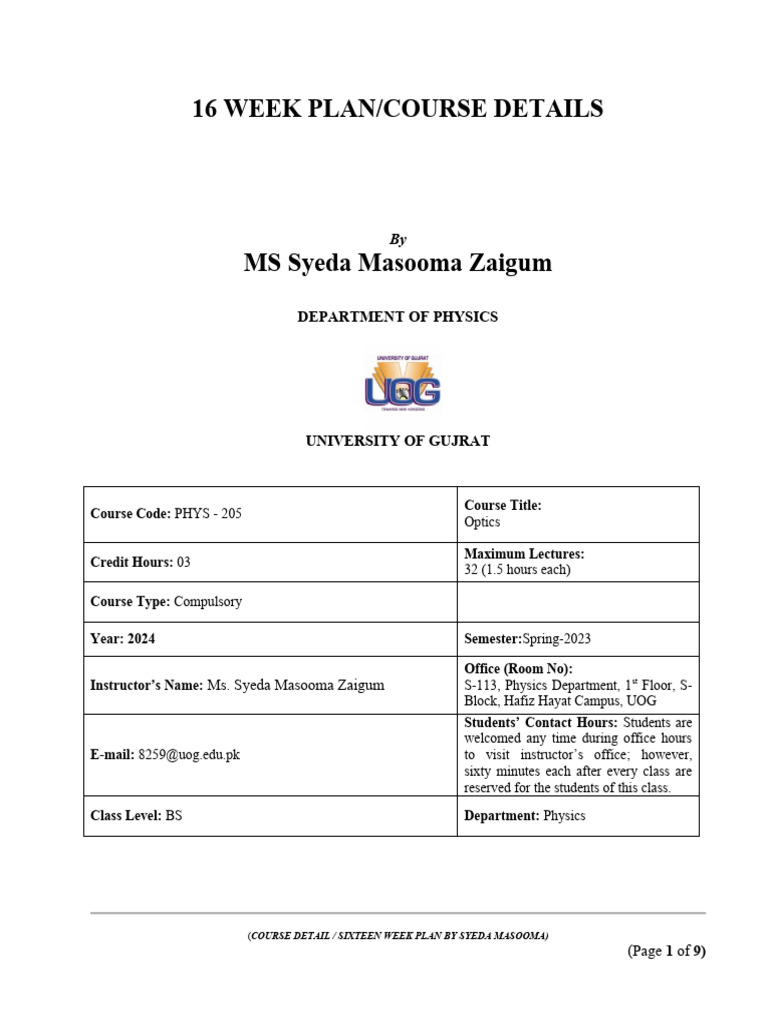 Optics 16 Week Plan | PDF | Diffraction | Optics